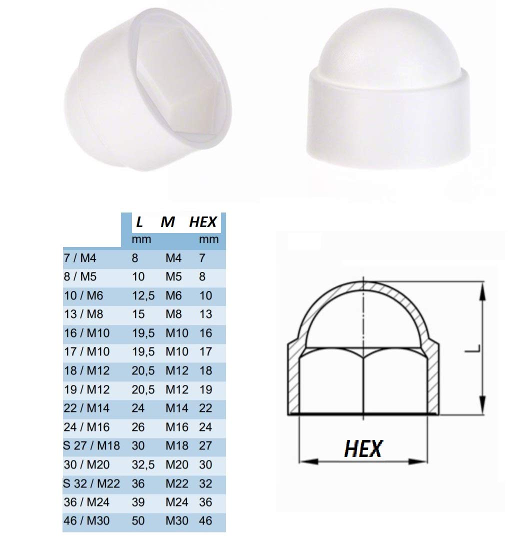 20X HEX NUT Cover Cap M4 to M30 Protection Bolt Round Hexagon Dome White Screw Head CAR Plastic (Diameter M4 / Hex 7mm)