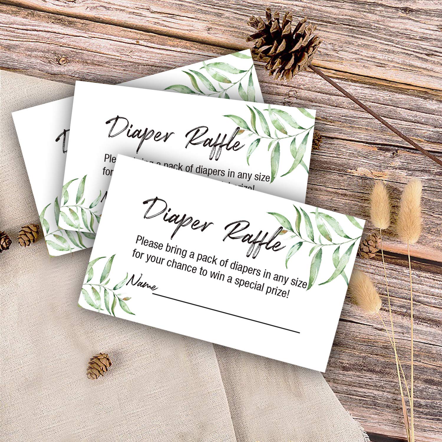 50 Greenery Diaper Raffle Tickets for Girl or Boy Baby Shower Invitations, Baby Shower Games, 3.5" x 2" with Name Line