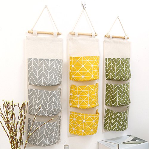 3Pcs Wall Hanging Storage Bag, Creatiee Waterproof Over The Door Closet Organizer Linen Farbric Hanging Pocket Organizer with 3 Remote-Sized Width Pockets for Bedroom