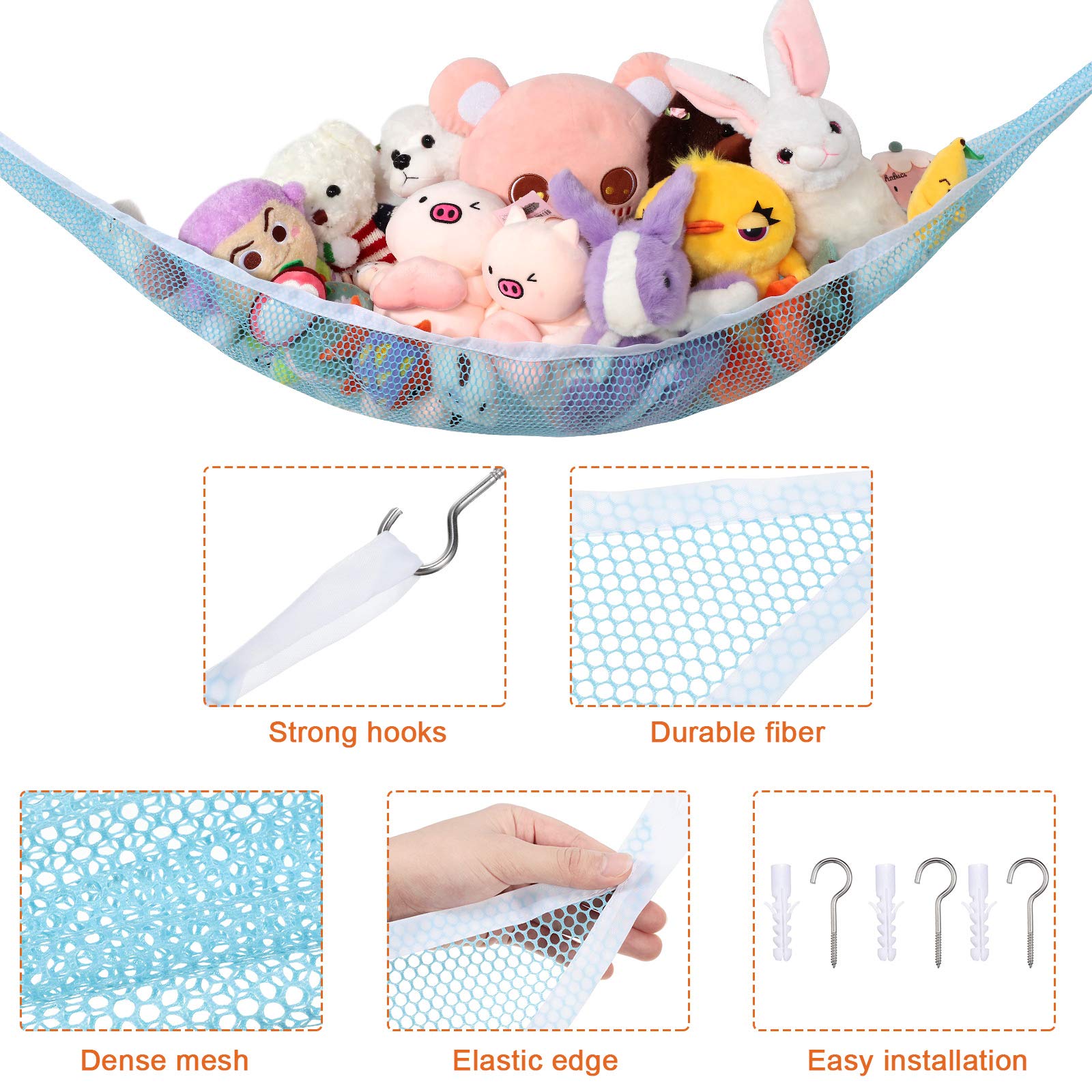4 Pieces Stuffed Animal Hammocks Stuffed Toy Storage Hammock Nets Jumbo Wall Sling Corner Mesh Toy Organizer, Doll Hanging Net with Hooks for Bedroom Playroom Plush (Black, Blue, White, Pink)