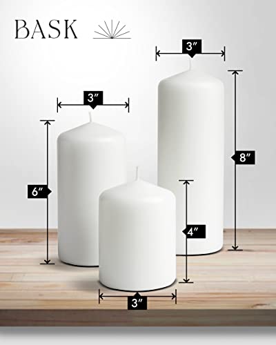 Cone Top Pillar Candles by Bask - Set of 3-3" x 4", 6", and 8" Dripless Unscented Candles in White for Home Decor, Relaxation & All Occasions
