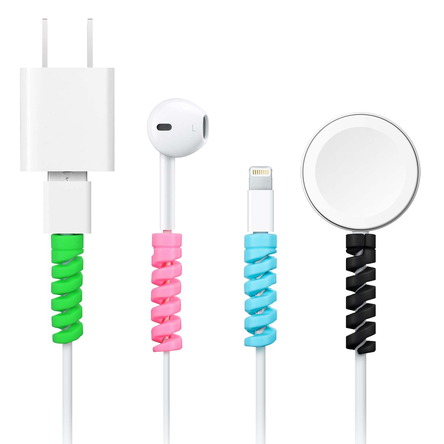 Jetec 24 Pcs Charger Cable Protector,Silicone Flexible Cable Saver,Spiral USB Mouse Wire Protector for Headphone Laptop Earphone Cell Phone Wrap Accessories(Black, Pink, Blue, Green)
