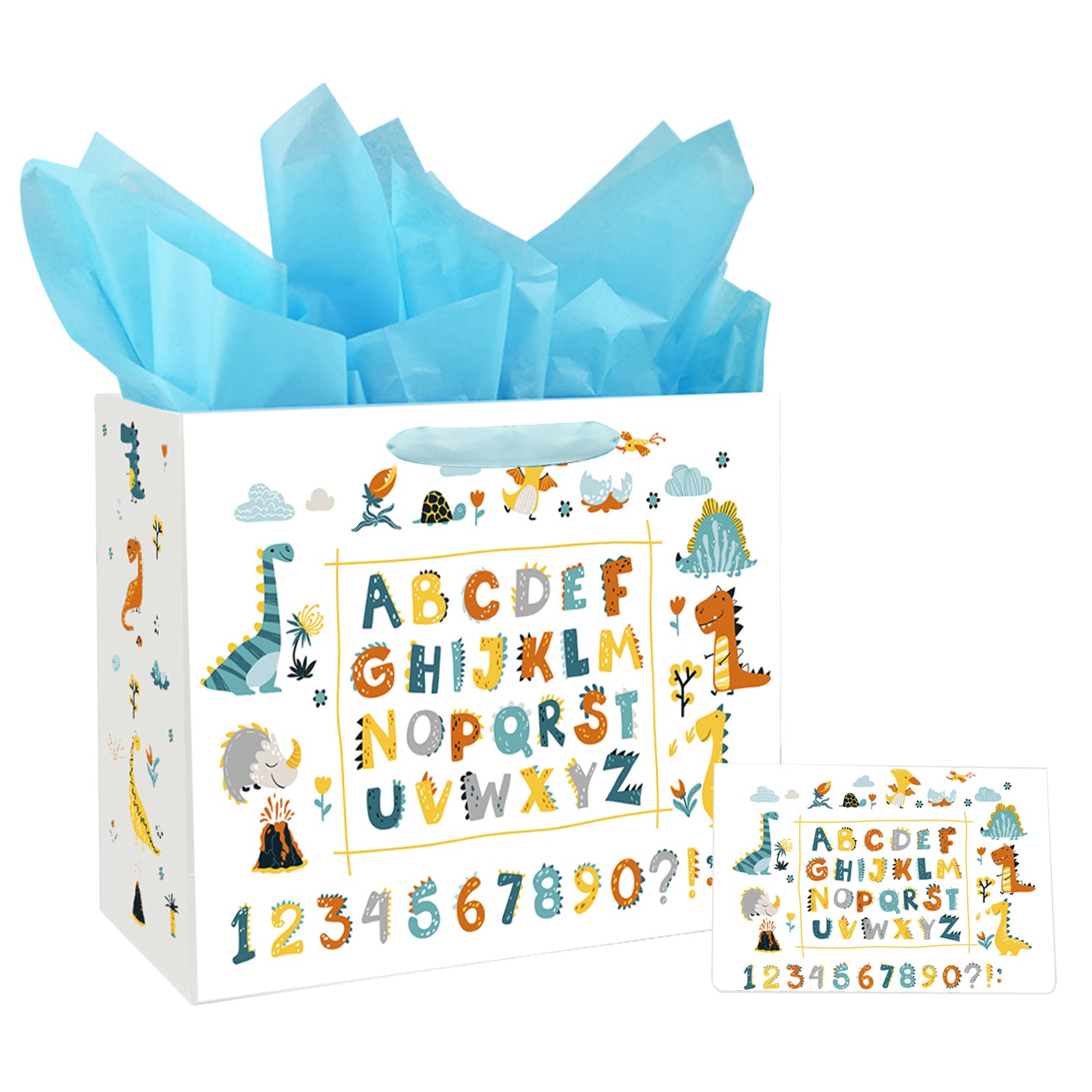 13" Large Dinosaur Baby Boy Gift Bag Baby Shower Birthday Gift Bag with Card and Tissue Papers