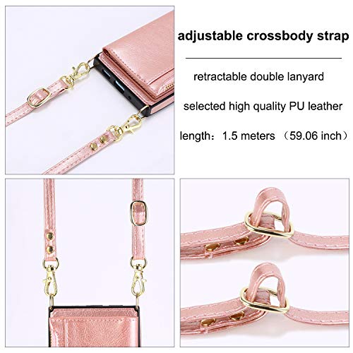 LUVI Compatible with iPhone 12 Pro Max Wallet Case with Crossbody Neck Strap Lanyard Purse Handbag Shoulder Strap Cover with PU Leather Credit ID Card Holder Kickstand Stand Protection Case Rose Gold