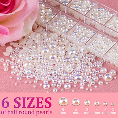 3800 Pcs 3 Boxes Flat Back Pearls Kits Flatback Colorful AB+White AB+Beige AB Half Round Pearls with Pickup Pencil and Tweezer for Home DIY and Professional Nail Art, Face Makeup and Craft