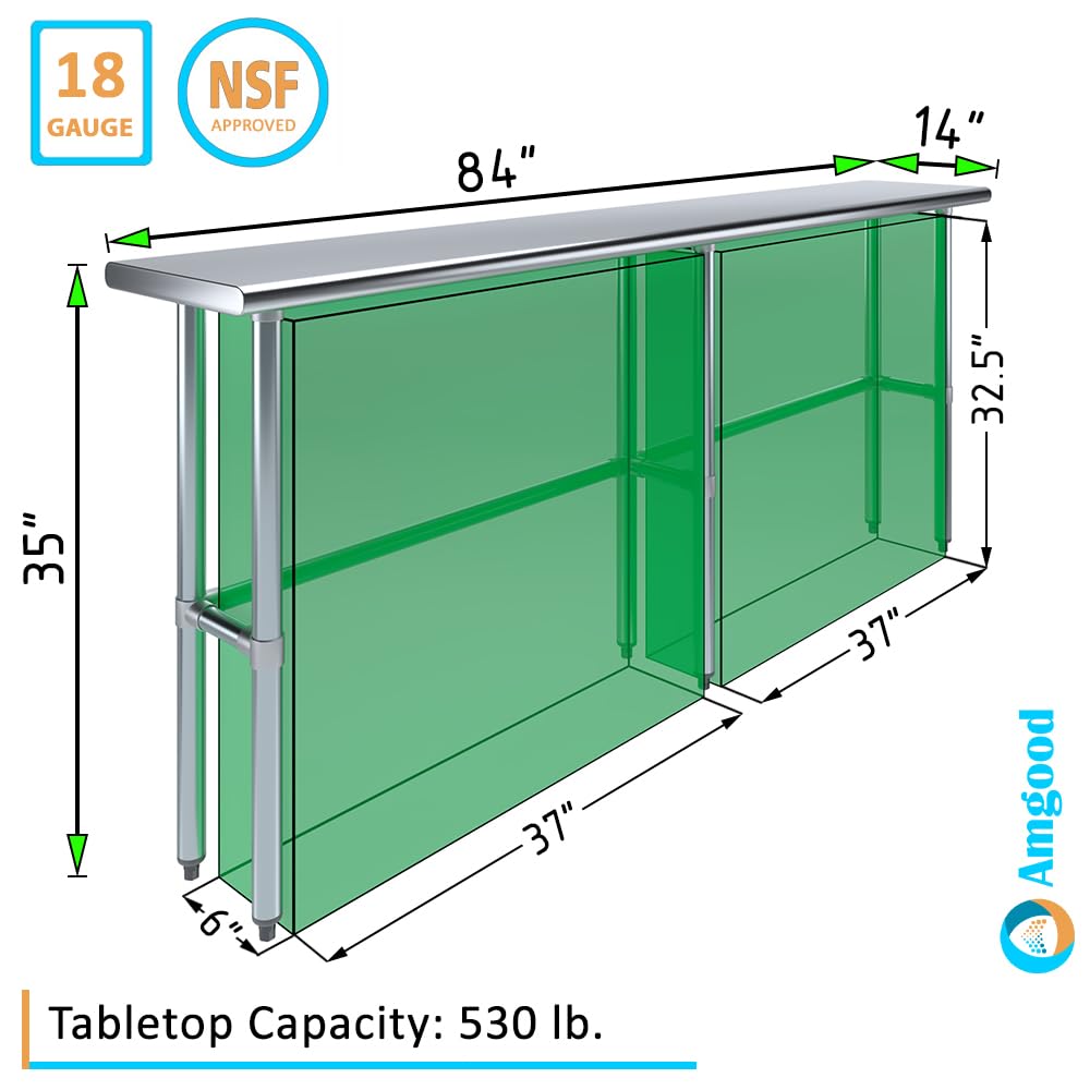 14 in. x 84 in. Open Base Stainless Steel Work Table | Residential & Commercial | Food Prep | Heavy Duty Utility Work Station | NSF