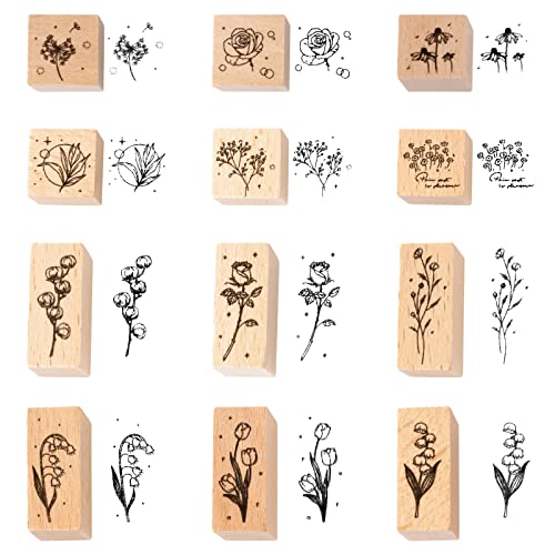 12 Pieces Wood Rubber Stamps Vintage Flowers Stamp Set DIY Craft Scrapbooking Stamps for Journals Diary Planner Letter Album Card Making