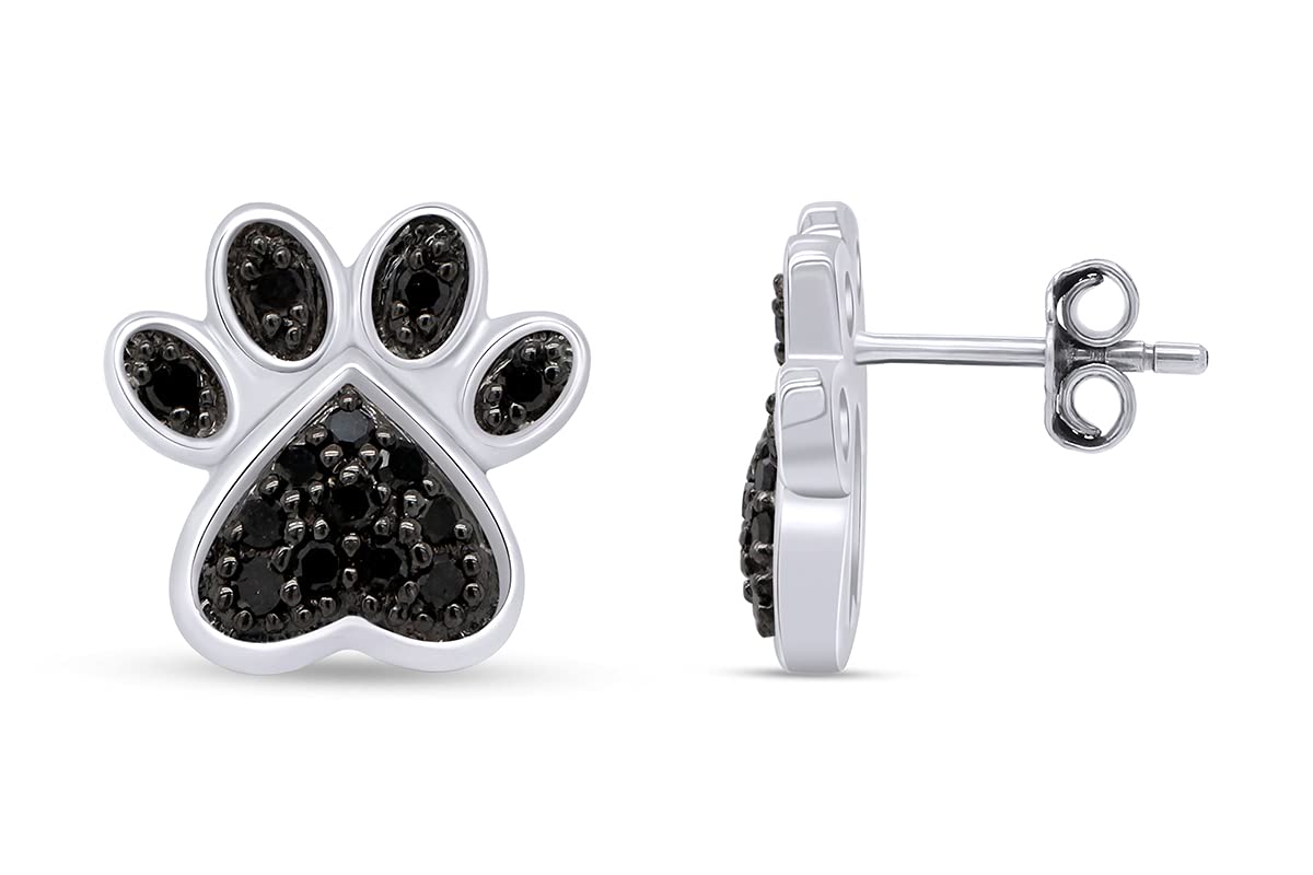 0.25 carat Black Natural Diamond Accent Paw Print Stud Earrings in 14k White Gold Over Sterling Silver