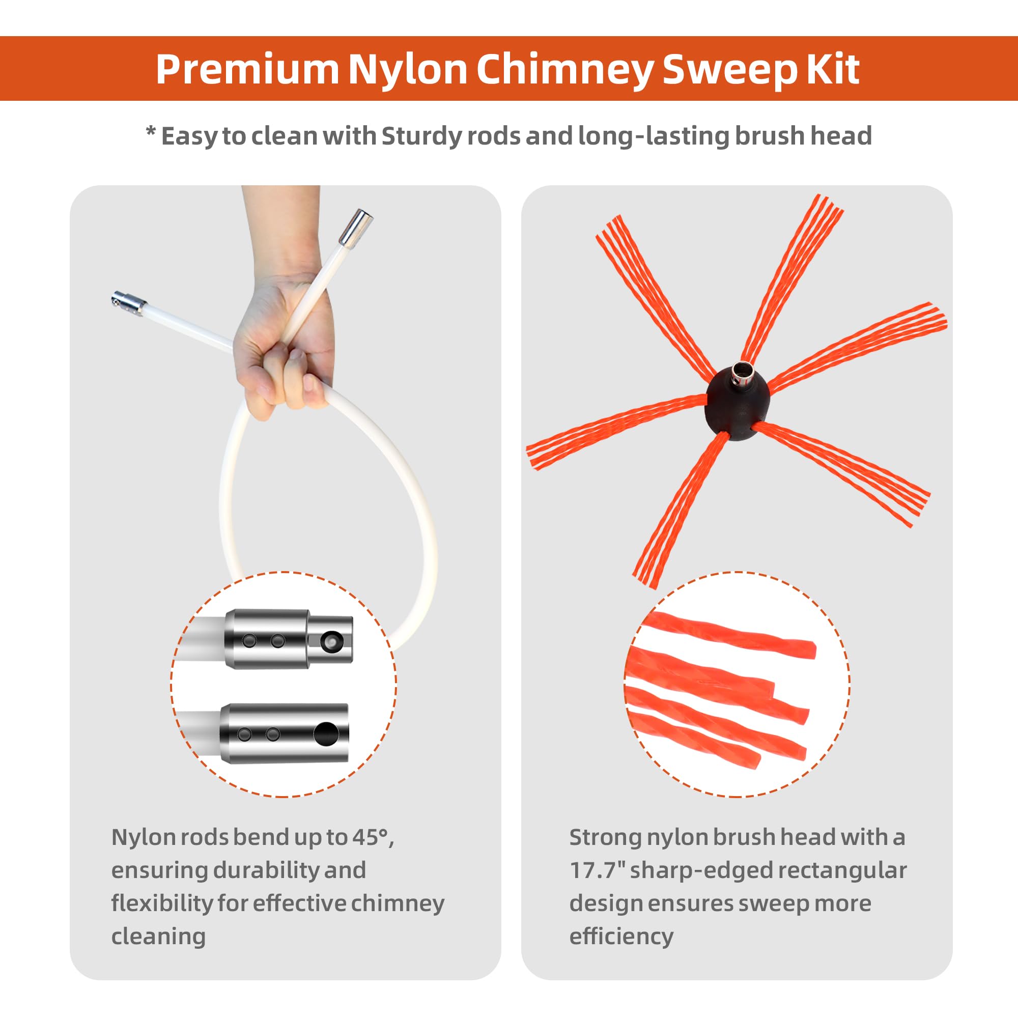 23 Feet Chimney Sweep Kit Chimney Cleaning Kit Chimney Brush, Rotary Chimney Cleaner Tool Kit with 7 Nylon Flexible Rods, Chimney Cleaning System Driven by Drill for Sweeping Fireplace Flue