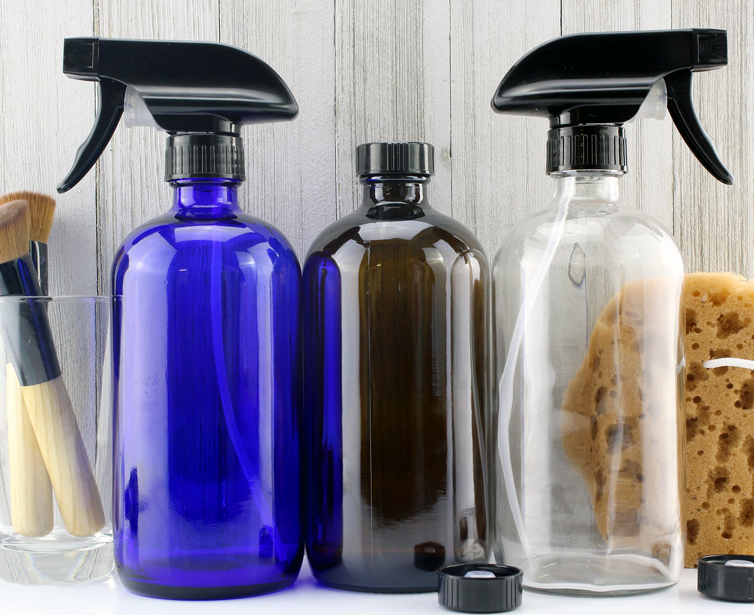 16oz Glass Bottles w/Heavy Duty Sprayers - Three Pack Bundle (1 Cobalt Blue, 1 Amber, 1 Clear); Boston Round; 3-Setting Spray Tops + Black Lids