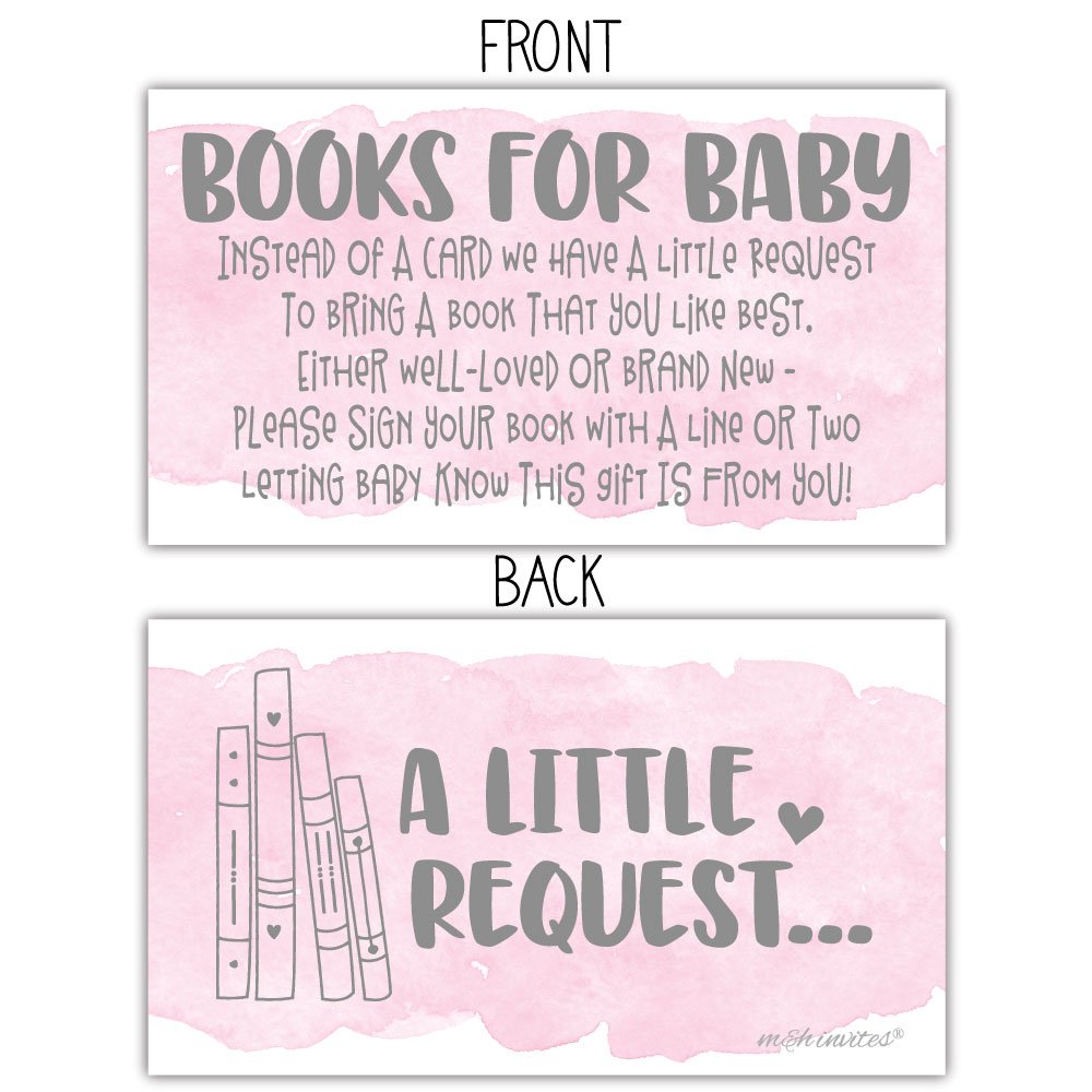50 Pink Watercolor Books for Baby Shower Request Cards - Invitation Inserts - Girl Baby Shower