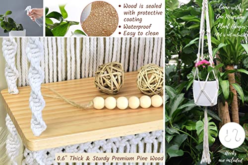 Macrame Wall Hanging Shelf-ideal décor-plants storage bookshelf-Bohemian Decorative Shelves-Boho Floating Indoor Shelving–For bedroom kitchen bathroom room with window Plant hanger 3 Tier Diamond