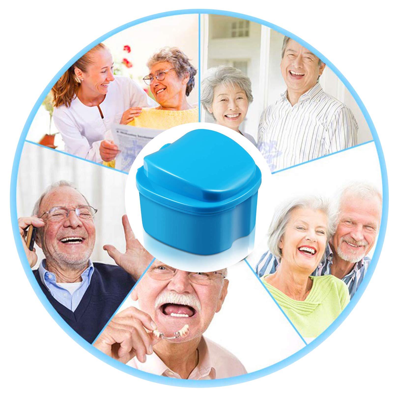 4 Pcs False Teeth Container, Denture Base Holder Box, Soaking Denture Bath with Strainer Basket & Denture Brush for Travel Overnight Denture Cleaning Case(Blue Green)