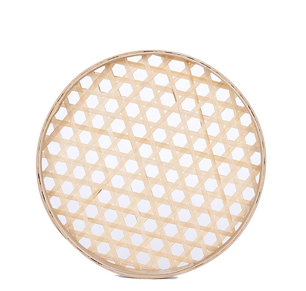 100% Handwoven Flat Wicker Round Fruit Basket Woven Food Storage Weaved Shallow Tray Organizer Holder Bowl Decorative Rack Display Kids DIY Drawing Board (Hexagon Hollow-Bamboo-White, 30cm/11.8")