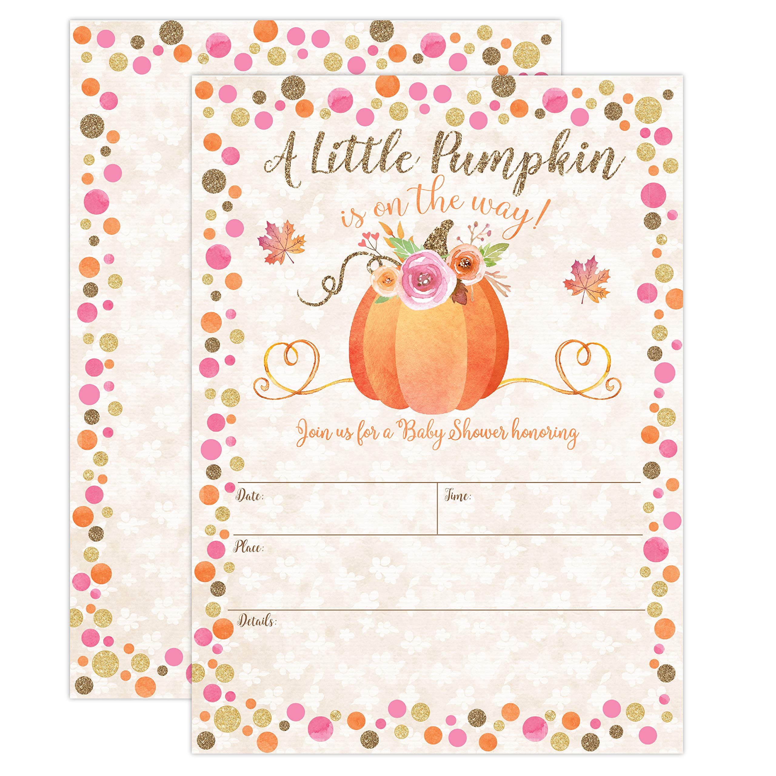 Pumpkin Fall Baby Shower Invitations, A7 Size Envelopes Included, Premium Heavy-weight Card Stock, Two Sided, Autumn Floral Design, 20 Count Pack