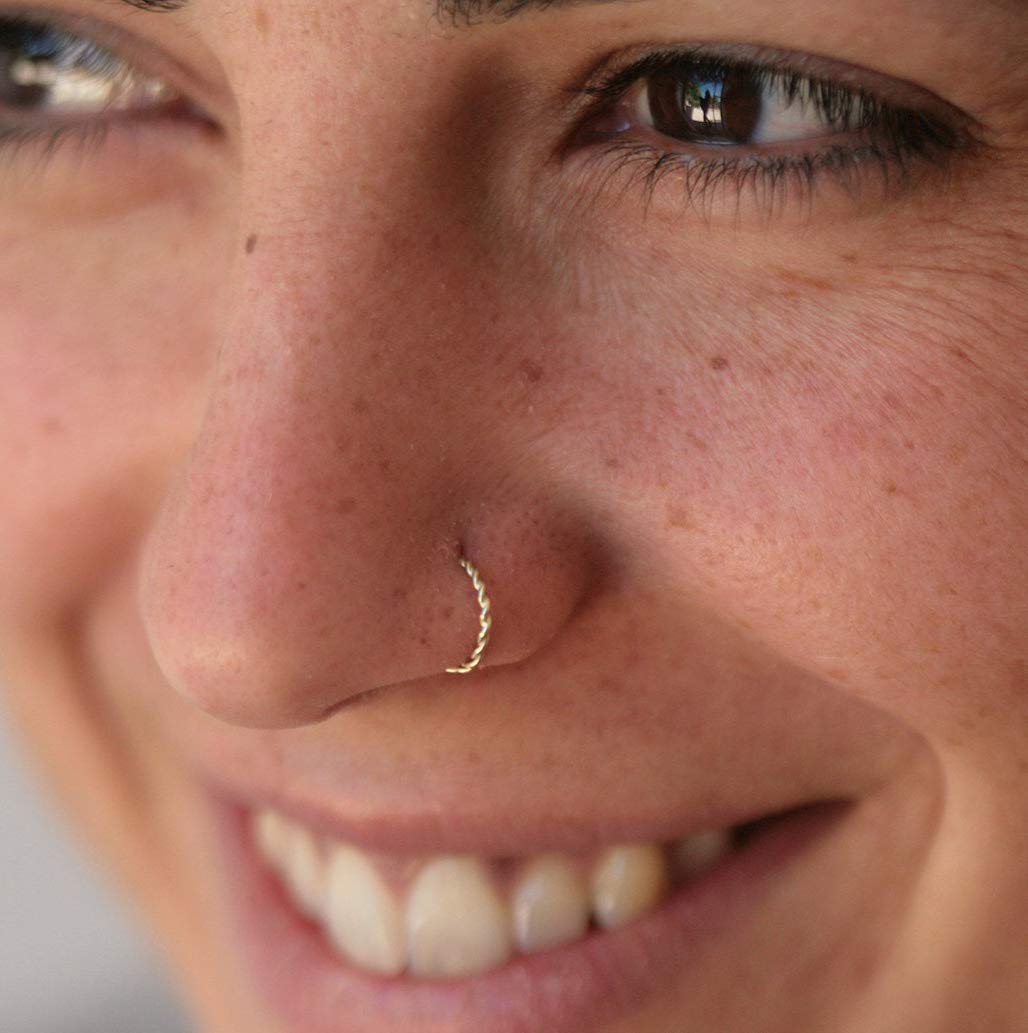 14k Nose Ring, 22g Solid Yellow Real Gold Nose Ring, Twisted Rope Piercing Jewelry, Nose Hoop, Minimalist Dainty Tribal Handmade Boho Piercing Jewelry, 7.5mm