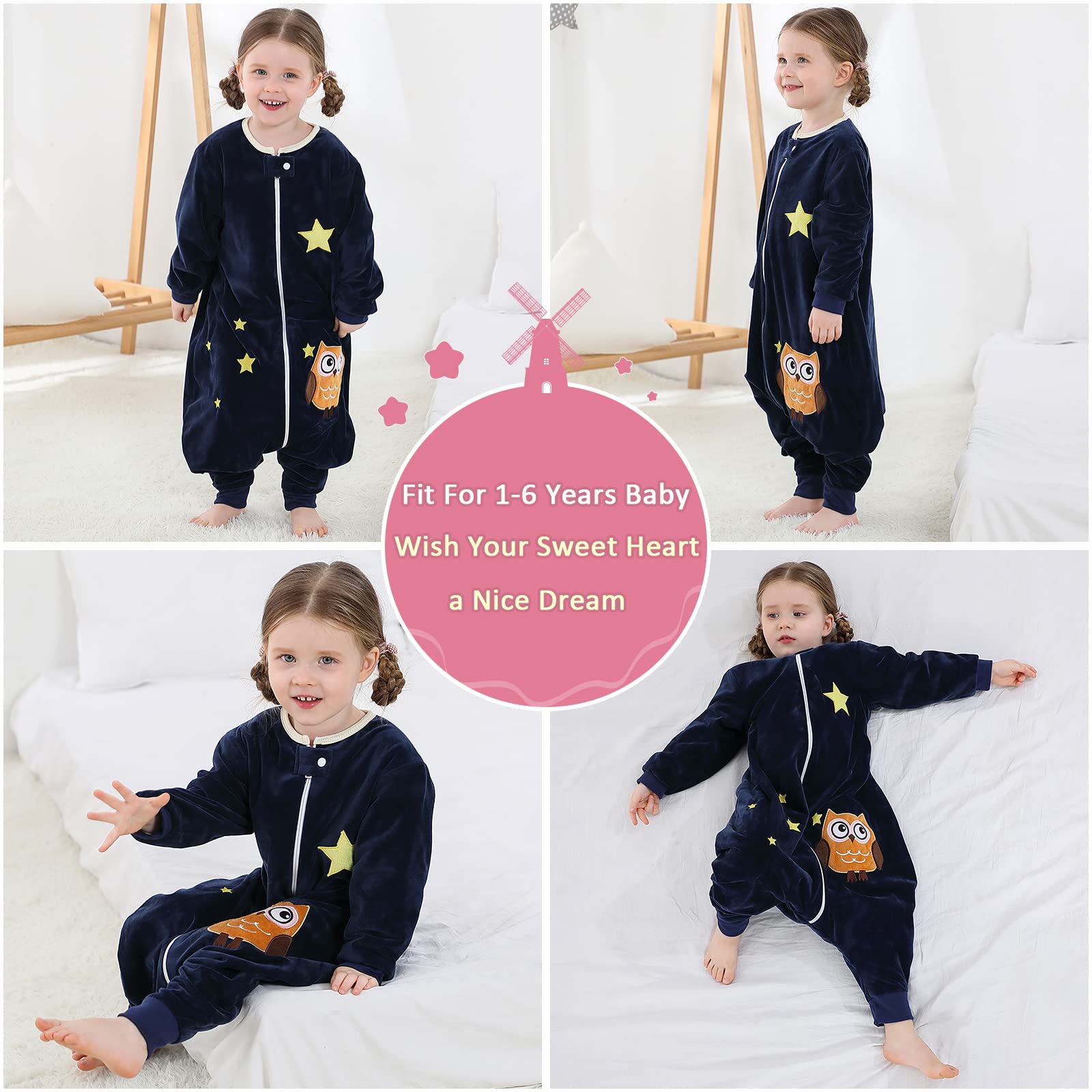 MICHLEY Baby Sleeping Bag Sack Long Sleeve with Feet Winter Swaddle Wearable Blanket for Boys Girls,Owl,1-3Years