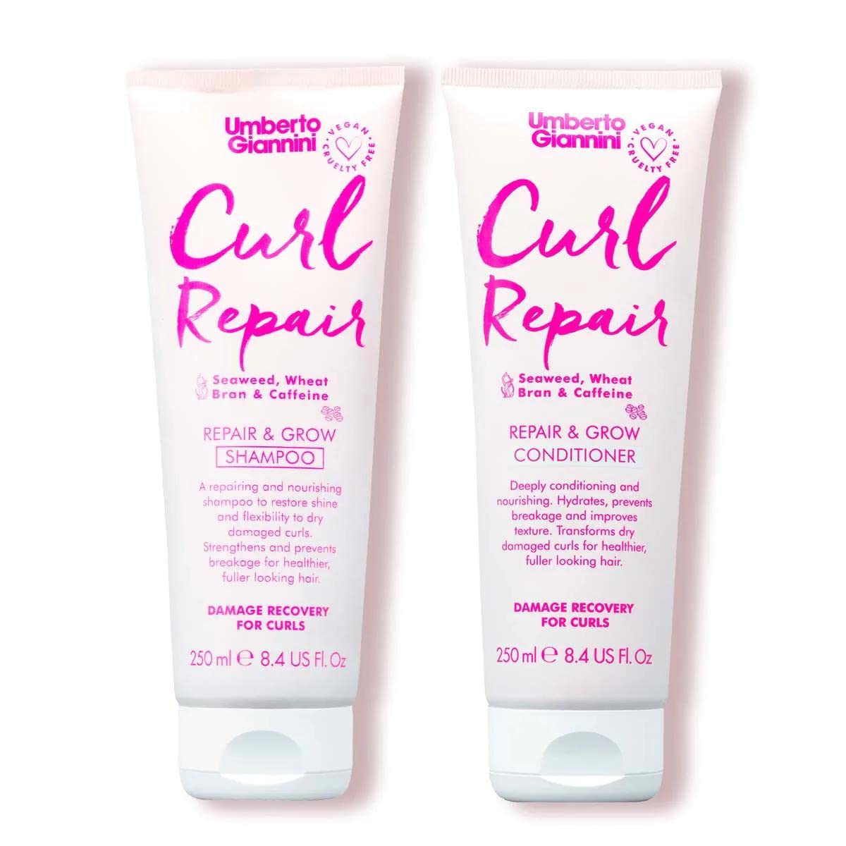 Umberto Giannini Curl Repair Shampoo + Conditioner Set, Vegan & Cruelty Free Repair & Growth Formula with Seaweed, Wheat Bran & Caffeine, 250 ml