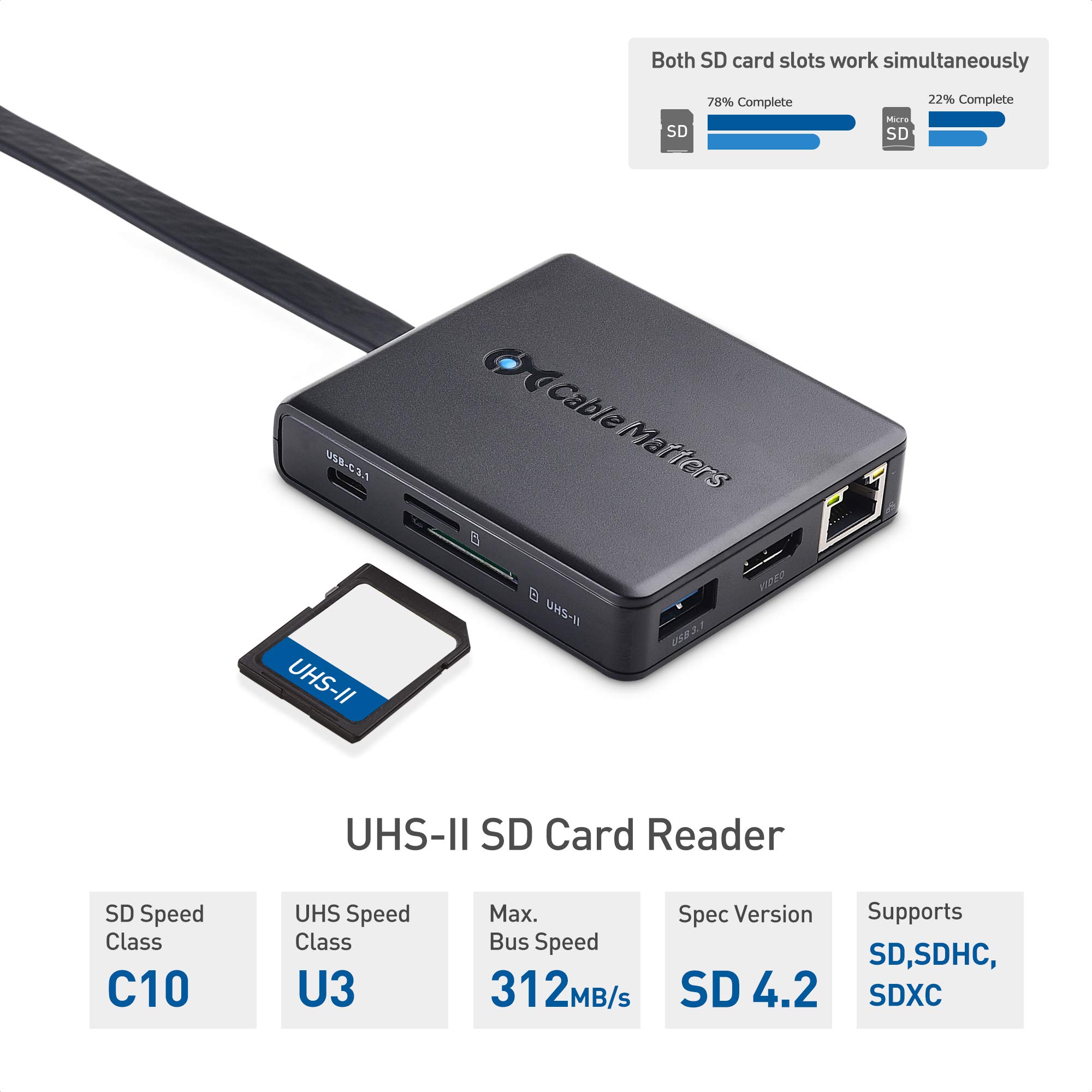 Cable Matters USB C Hub with 4K HDMI, 80W Charging, UHS-II Card Reader, 4X USB, and Gigabit Ethernet - USB-C and Thunderbolt 4 / USB4 / Thunderbolt 3 Port Compatible with MacBook Pro, Dell XPS
