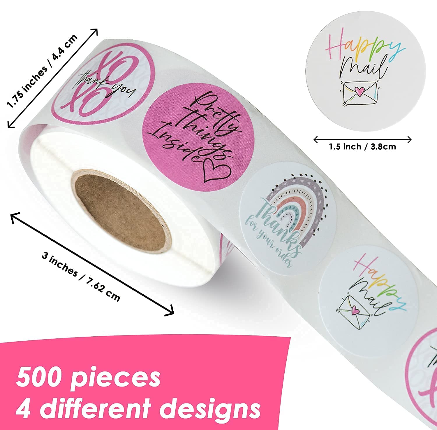 Assorted Cute Packaging Stickers - Roll of 500 - Four Fun Designs - 1.5" Round Glossy Sealers for Small Business - Happy Mail - Thank You for Your Business/Pretty Things Inside