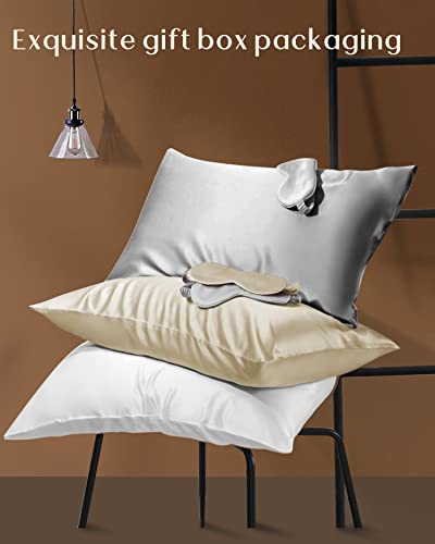 100% Mulberry Silk Pillowcase for Hair and Skin 22 Momme 6A Silk Pillow Case Zippered Soft Smooth Cooling -Standard Size 20"X 26"-with Eye Mask and Laundry Bag, Luxury Gift Set(Beige 1pc)