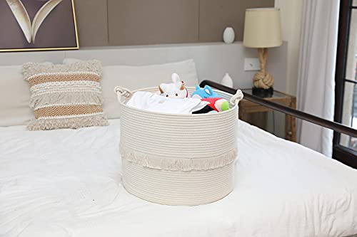 18" x 15" Large Woven Storage Baskets, Cotton Rope Decorative Hamper for Clothes, Blankets, and Laundry, Cute Tassel Decor - Home Storage Container - All White