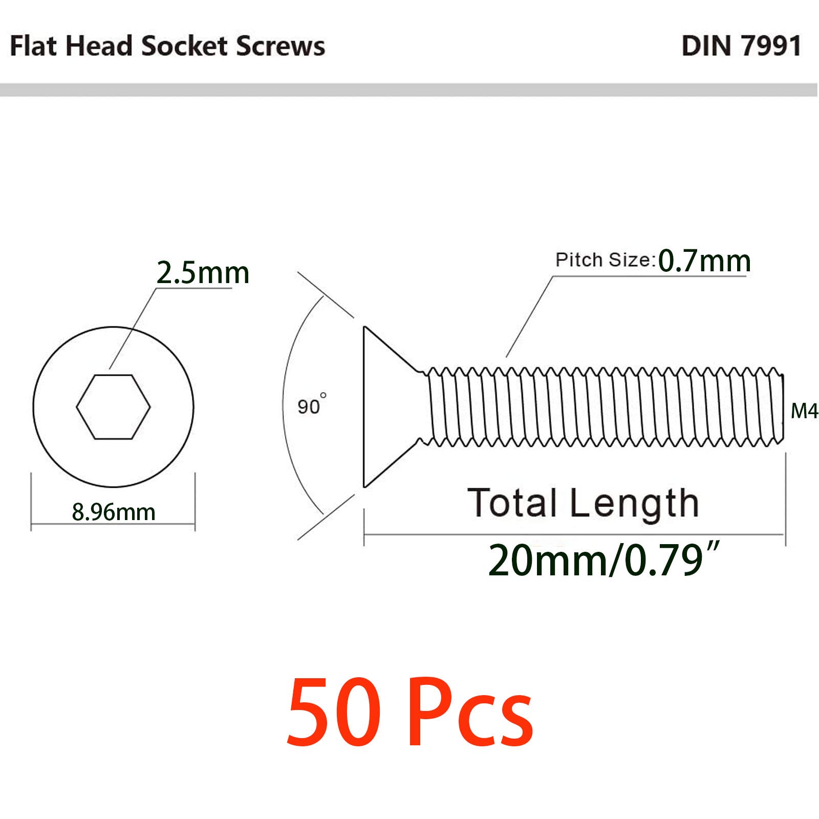 50 Pcs M4-0.7 x 20mm Flat Head Socket Cap Screws Bolts, Stainless Steel 18-8 (304), Bright Finish, Allen Socket Drive,Machine Screws Inner Hex Screw Fasteners Bolts
