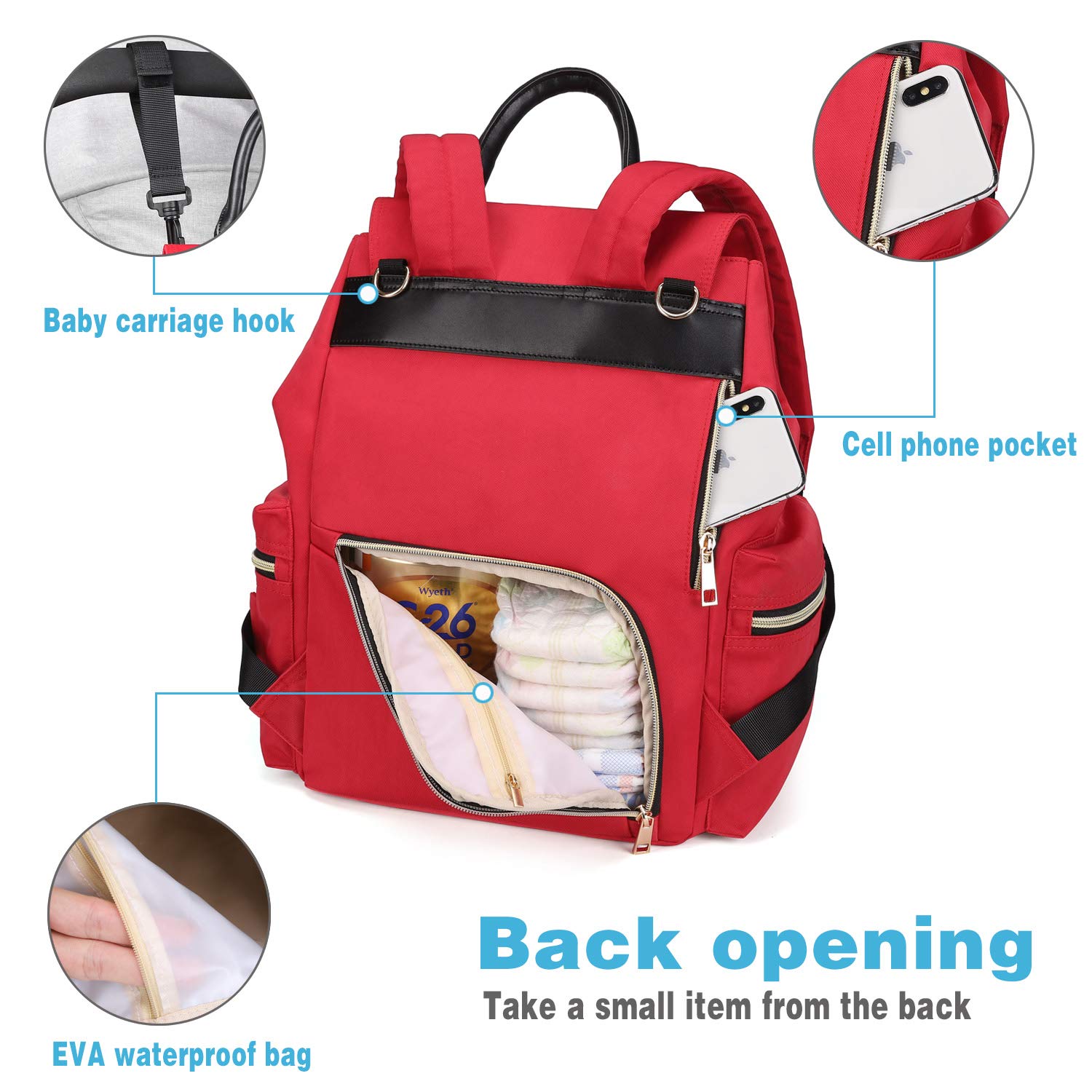 QIMIAOBABY Diaper Backpack, Waterproof Nylon Baby Nappy Storage Bag (Red)
