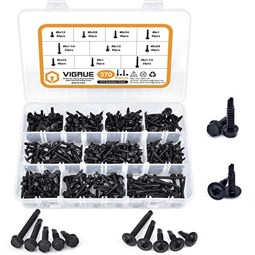 410 Stainless Steel #8 Self Tapping Screws, Hex Washer & Modified Truss Head Self Tapper Screws, VIGRUE 370PCS Self Screws for Metal Plastic Assortment Kit