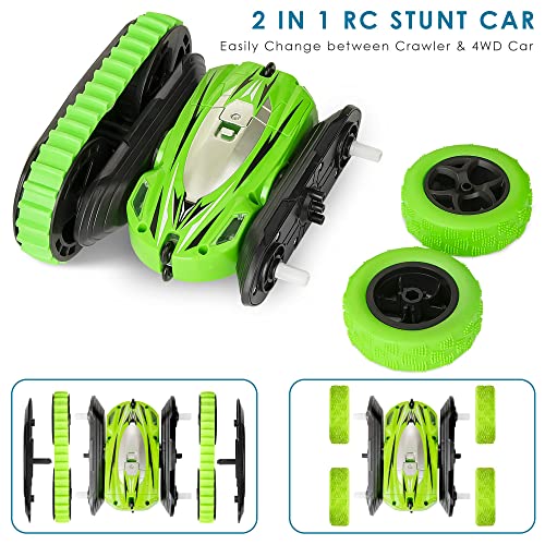 2-in-1 Remote Control Car, Rechargeable Remote Control Crawler for Kids Age 3 Years and up, Changeable Wheels, Double-side 360° Flips, LED Headlights, Fast Stunt Toy Race Cars for Toddlers-Green