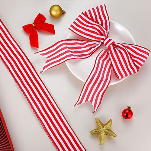 2 Rolls Christmas Wired Ribbon for Gift Wrapping, Red and White Striped Ribbons for Crafts/Christmas Tree/Wreaths/Bow Decorations, 2.5" Wide x 6 Yards