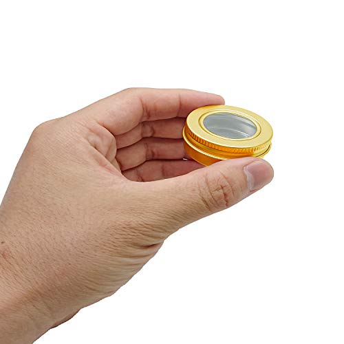 0.5 Ounce Aluminum Tin Jar 15 ml Refillable Containers Clear Top Screw Lid Round Tin Container Bottle for Cosmetic,Lip Balm, Cream, 12 Pcs Gold Color.
