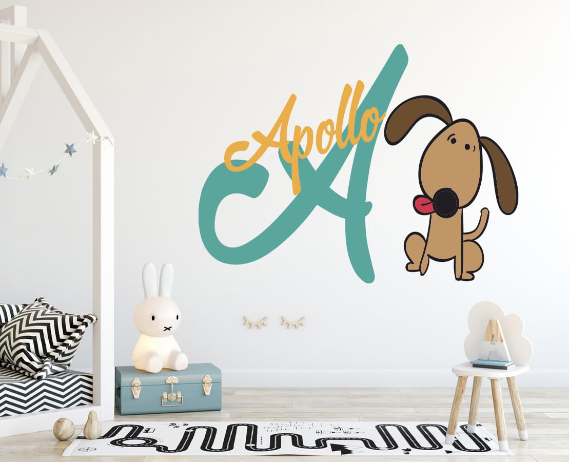 Custom Name and Initial Puppy Wall Decal - Dog Wall Art Decor for Nursery Bedroom playroom Decoration (Wide 40"x23" Height)