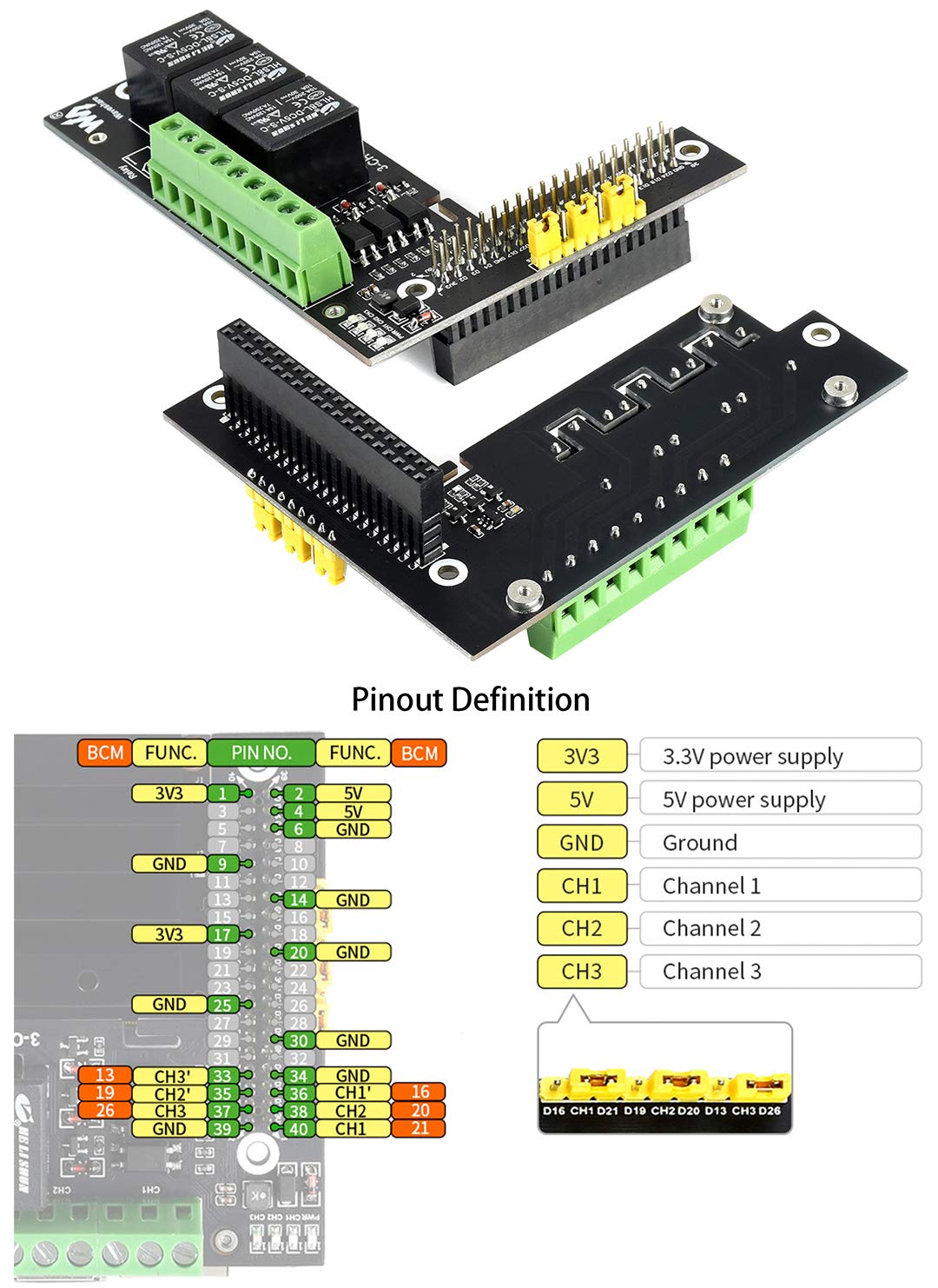 3-Channel Relay Expansion Board for Jetson Nano Developer Kit B01 and Jetson Nano 2GB Developer Kit, up to 2X Stackable Max Load ≤5A 250V AC or ≤5A 30V DC
