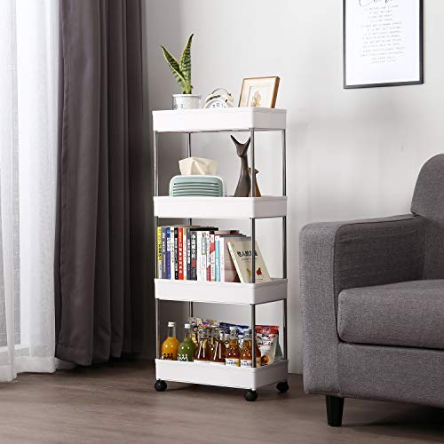 4-Tier Rolling Cart on Wheels, Mobile Slim Rolling Cart with Hooks, Multi-Functional, Suitable for Kitchen, Bathroom, Laundry Room Narrow Place, Plastic and Stainless Steel, White (16L x 8.7W x 34.5H)