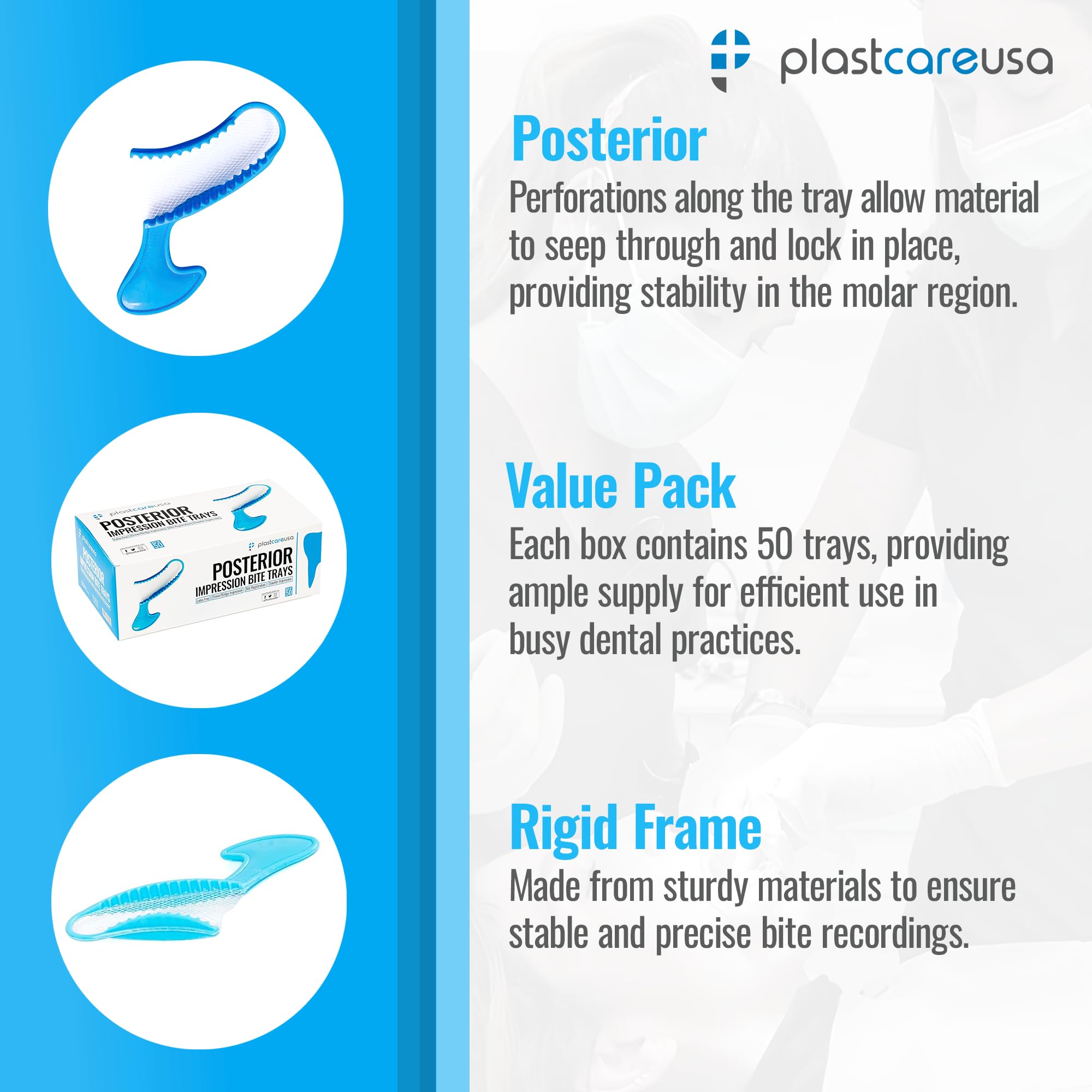 50 Posterior Blue Disposable Dental Bite Registration Trays, Impression Trays for Teeth Molds, 1 Box of 50 Bite Trays
