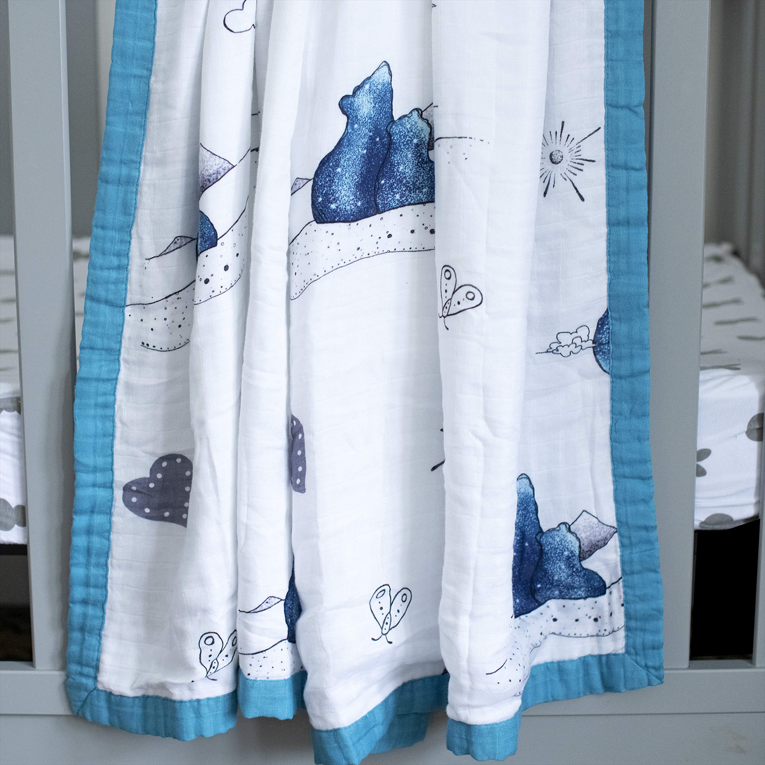 JumpOff Jo - Baby Muslin Swaddle Blanket, 47" x 47" - Ultra Soft 70% Rayon derived from Bamboo & Muslin 30% Cotton Lightweight Receiving Blanket, Machine Washable - Mama Bear Blue