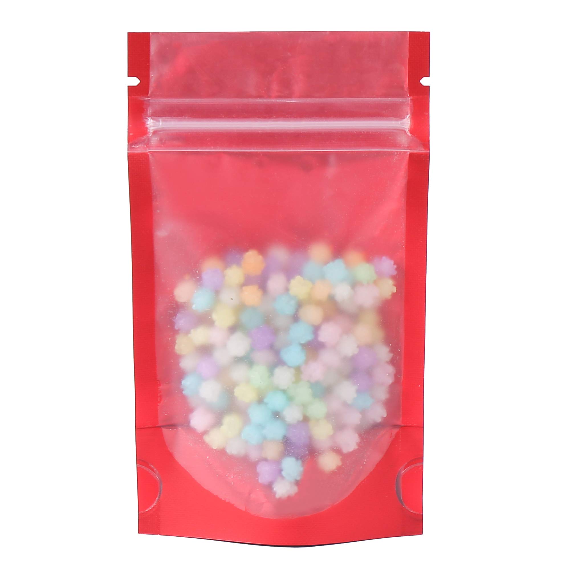 100 Translucent/Red Poly Resealable Stand Up Heat Sealable Reusable Pouch (5" x 7", Translucent/Red)