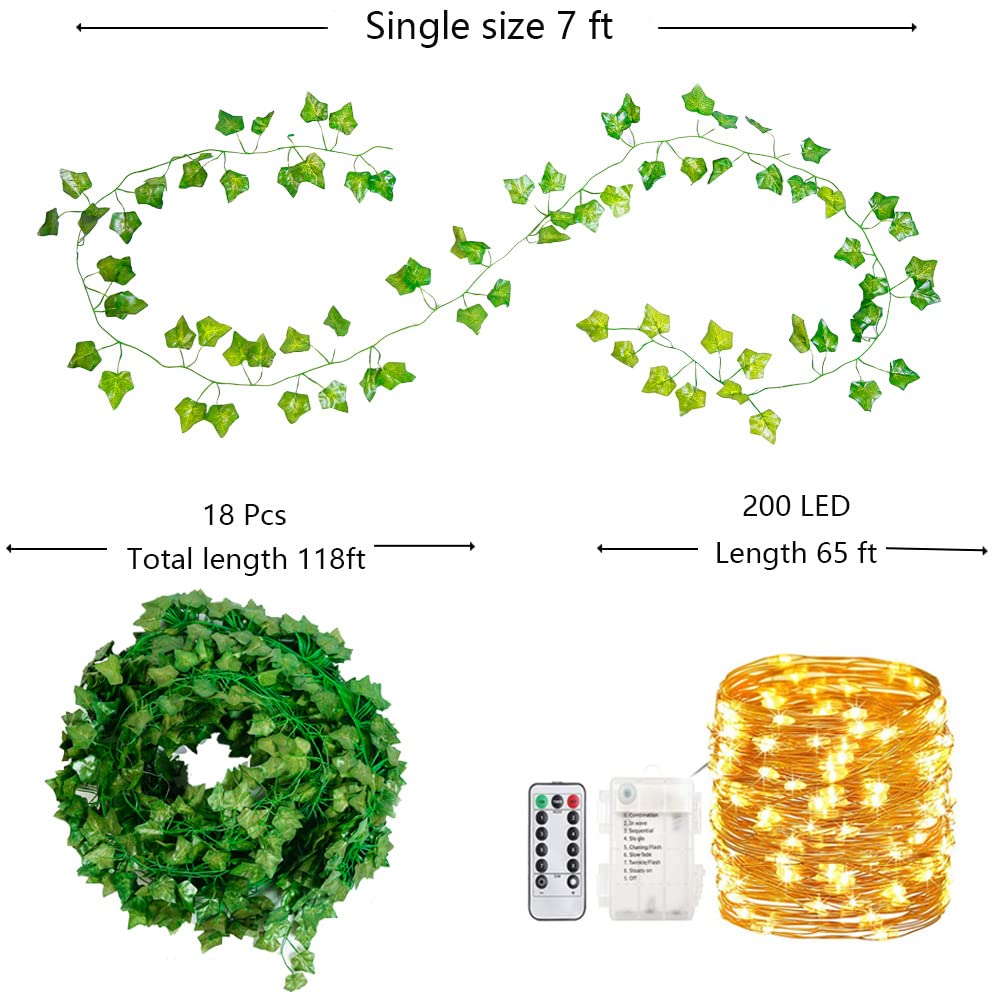 18 Pcs 118ft Artificial Ivy Garland Fake Vines Plants Vine with 200 Led String Lights and Remote Control for Bedroom Garden Home Kitchen Office Outdoor Wall Decor