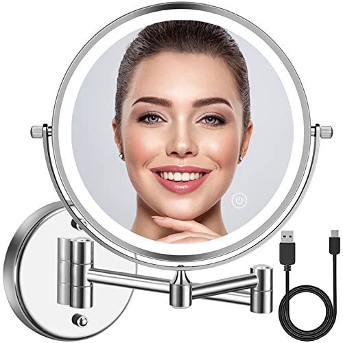 2000mAh Rechargeable Wall Mounted Makeup Mirror with Light 8inch 1X/10X Magnifying Lighted Makeup Mirror 3 Color Mode,Adjustable Light,Touch Screen,Charge by Type-C ,Extendable Mirror-Gifts for Women