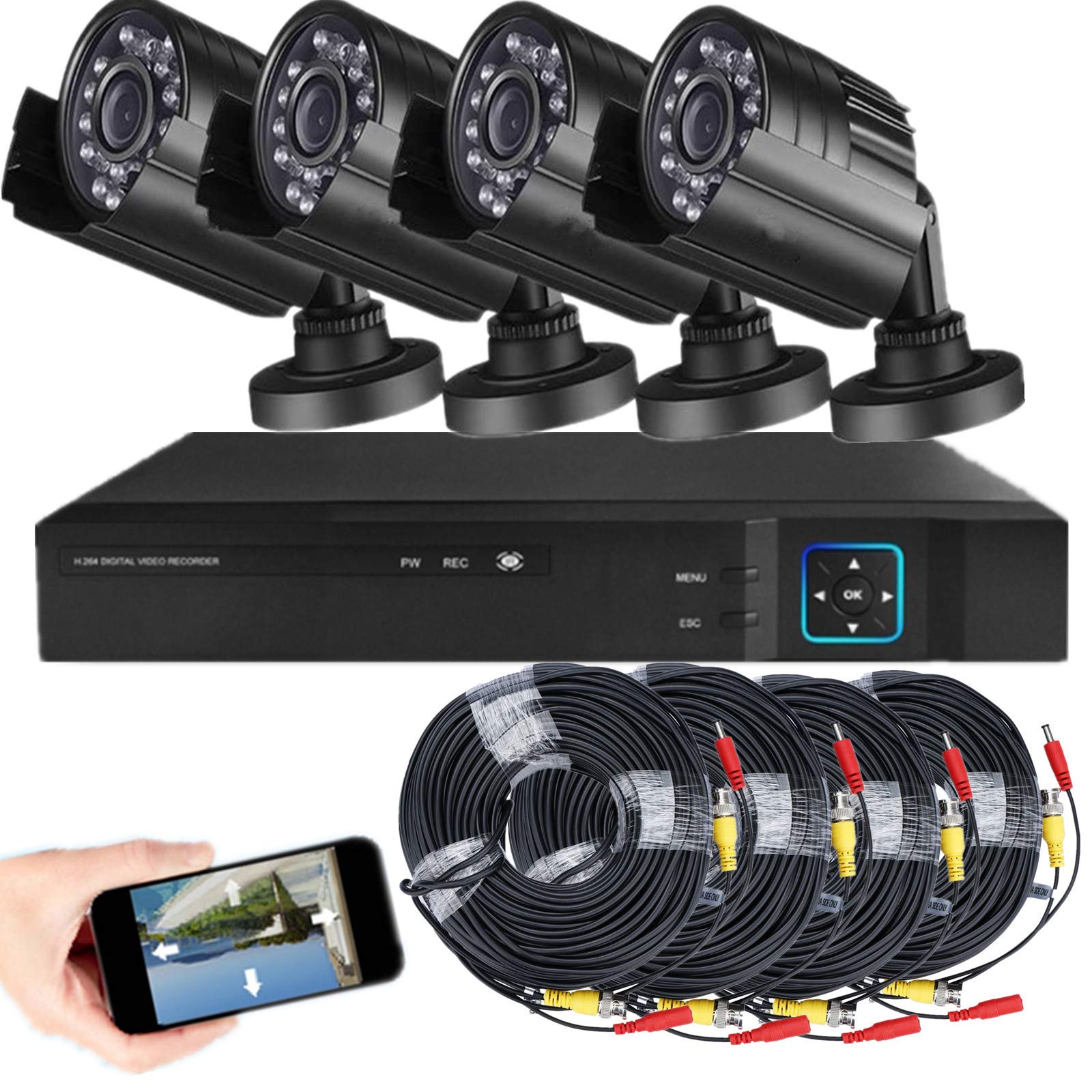 4CH 1080P Network Video Recorder DVR Security Camera Sets AHD CCTV Home Security Camera Digital Video Recorder +4 x Cameras +4 x BNC Cables(NO HDD)