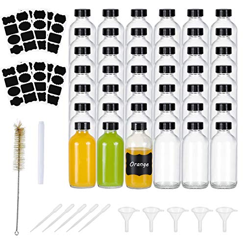 4oz Clear Glass Bottle with Poly Cone Cap, Boston Round Sample Glass Bottle for Potion, Juice, Ginger Shots, Oils, Whiskey, Liquids-48 Labels, 5 Funnels, 5 Droppers, 1 Brush&Chalk Marker-Pack of 42