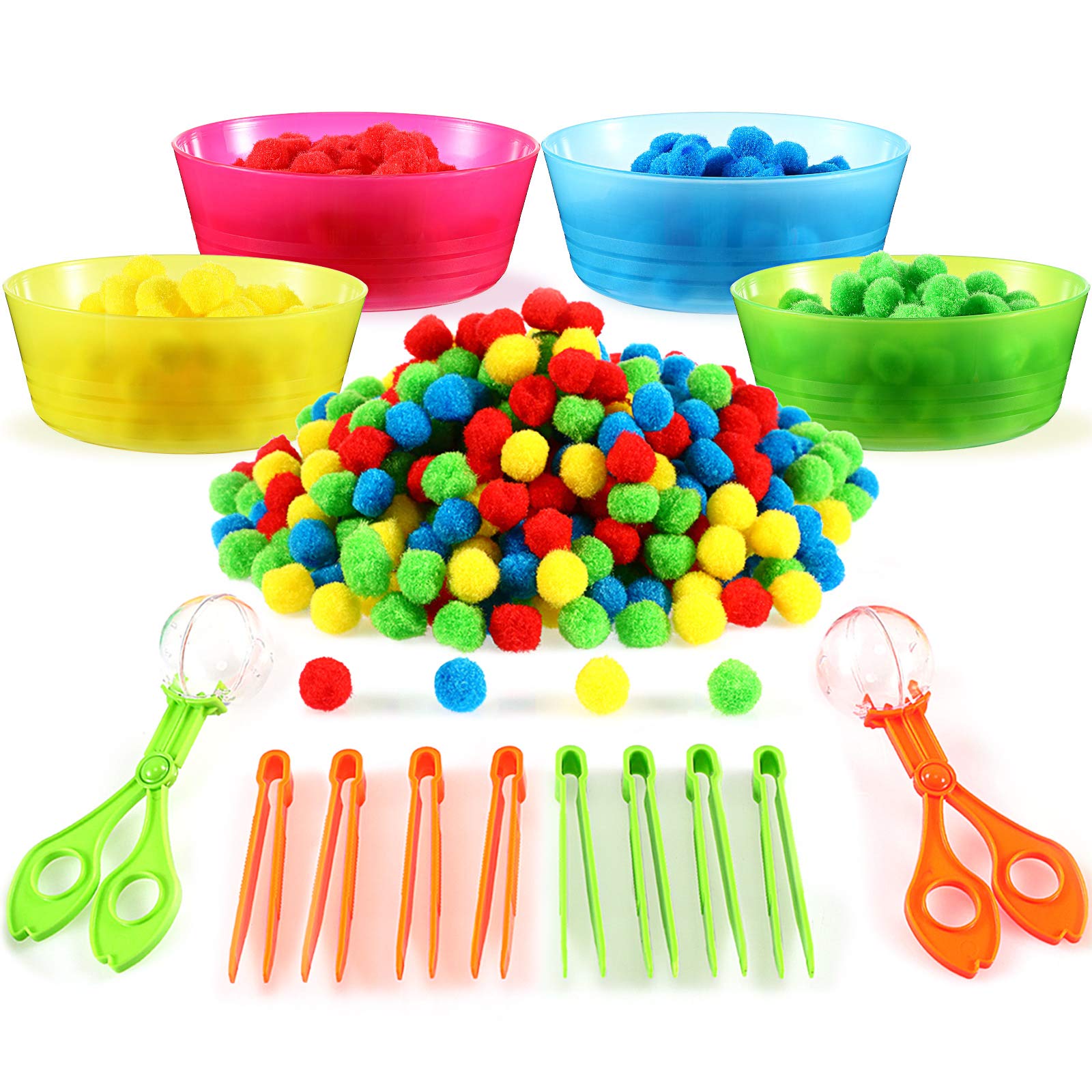 138 Pieces Fine Motor Skills Toys for Early Education and Sorting Counting Training Development, for Ages Over 3 Including 8 Sorting Bowls 2 Scissors Clip 8 Tweezers and 120 Colorful Plush Balls