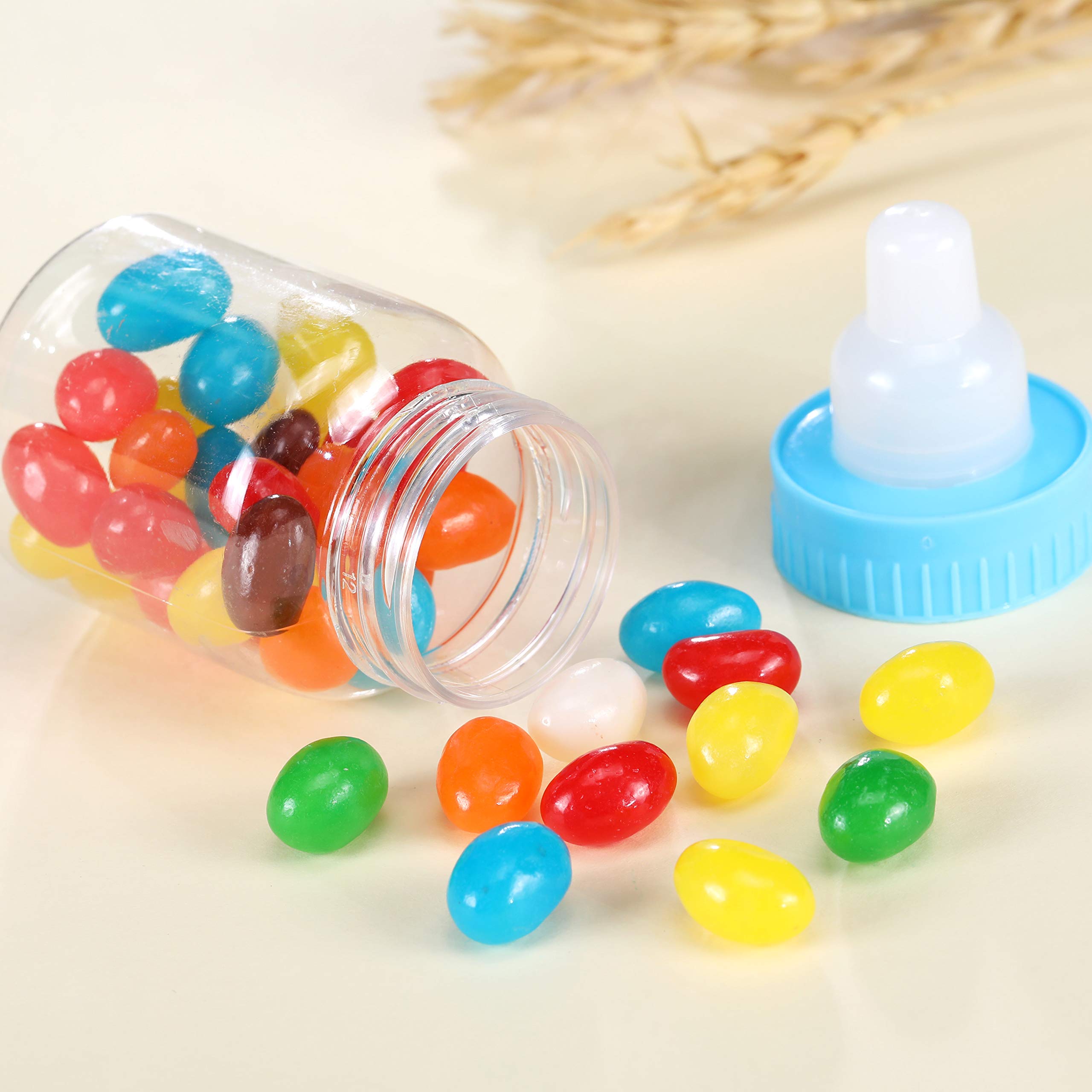 12 Pack Candy Bottles 10 Yards Ribbon and 48 Pack Acrylic Mini Pacifiers for Baby Shower Party Favors Decorations and Supplies by WeddParty (Blue A, 12)