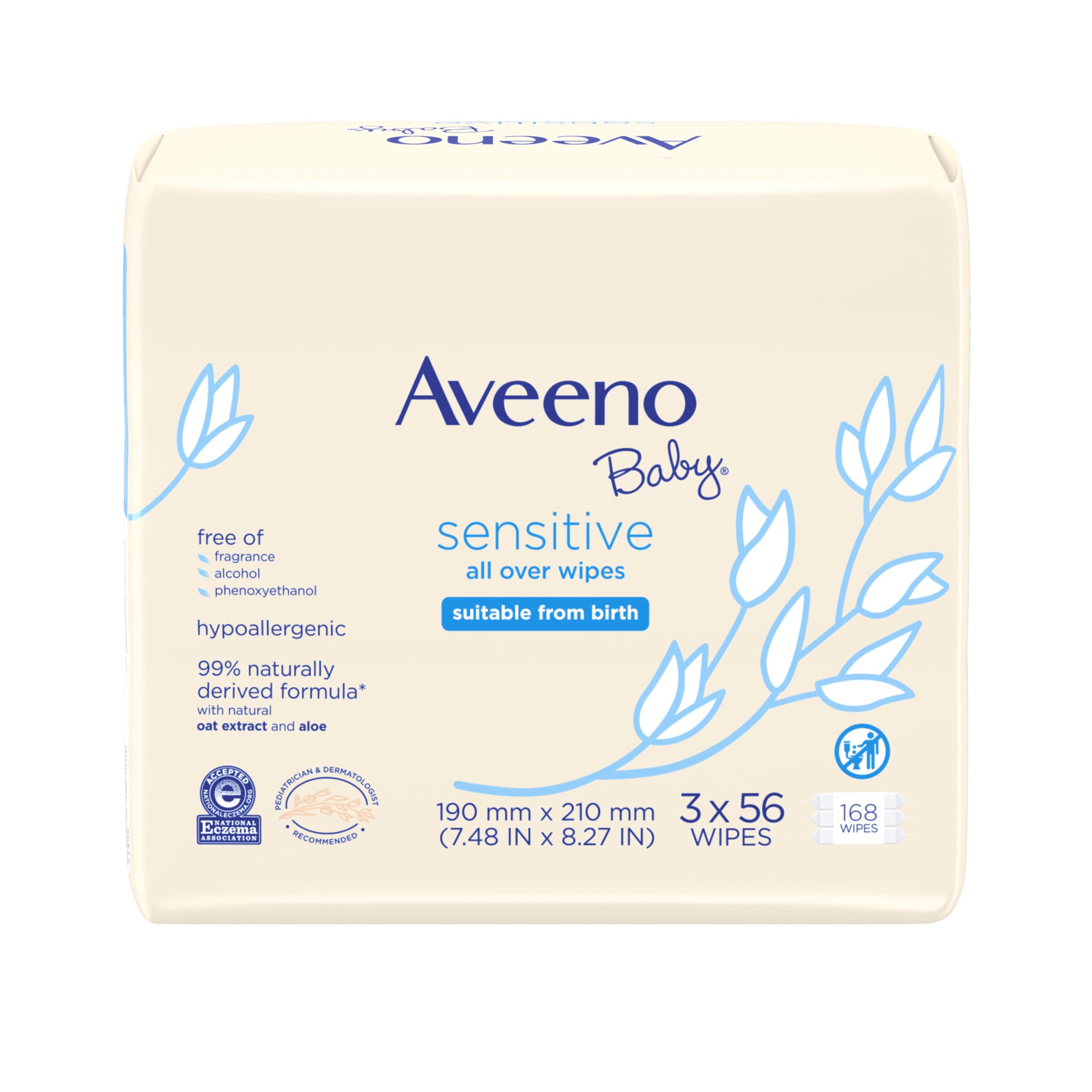 Aveeno Baby Sensitive All Over Wipes with Aloe & Natural Oat Extract for Face, Bottom & Hands, pH-Balanced, Hypoallergenic, Fragrance-, Phthalate-, Alcohol- & Paraben-Free, 3 Pks of 56 ct