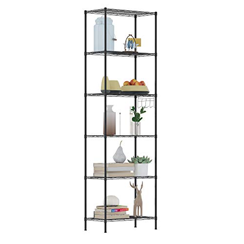Anfan 6 Tier Wire Shelving Unit Heavy Duty Metal Wire Storage Shelves with Adjustable Leveling Feet & Side Hooks for Kitchen, Garage and Office (Black)