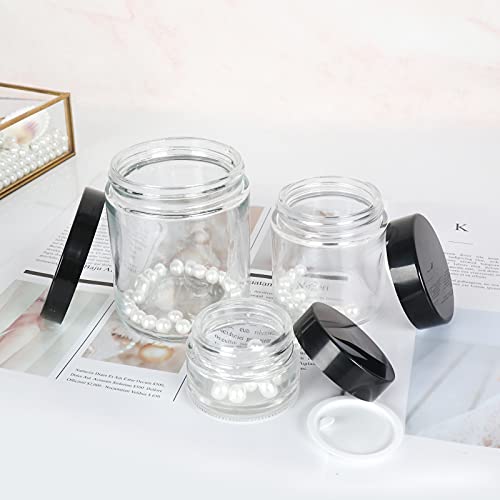 24 Pack 1oz Clear Round Glass Jars - Empty Cosmetic Containers with Inner Liners, black Lids and Glass Sample Jars with labels For Slime, Beauty Products, Cosmetic, Lotion,Powders and Ointments