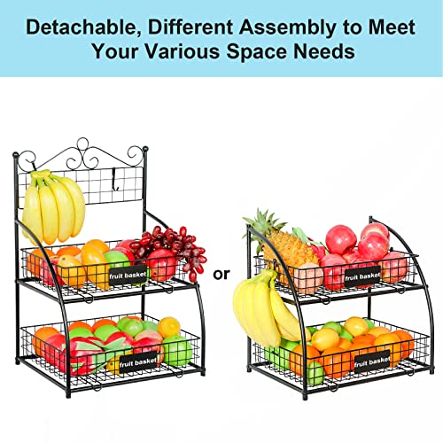 2-Tier Fruit Basket for Kitchen, Bananas Hanger Hook Holder &Countertop Tiered Fruit and Vegetable Storage Bowl Stand, Detachable, Easy to Assemble, Large Capacity for Home Kitchen Organizer-Black