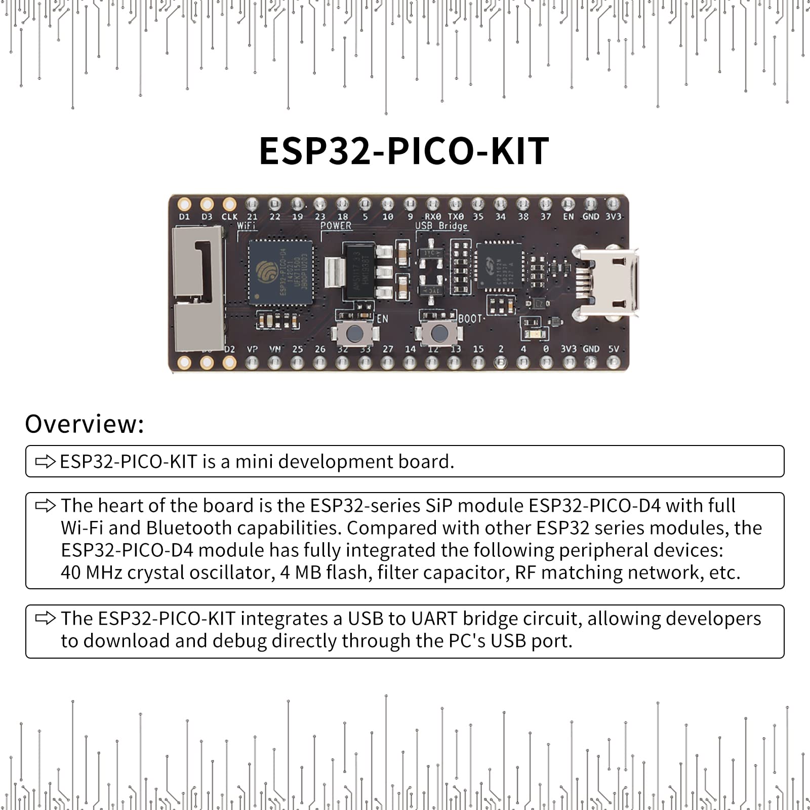 000 EC Buying ESP32-PICO-KIT Development Board, Integrated ESP32-PICO-D4 Module Built-in ESP32 Chip Embedded 2.4 GHz WiFi & Bluetooth Dual Module 32-Bit Microprocessor Mini Development Board I2C SPI