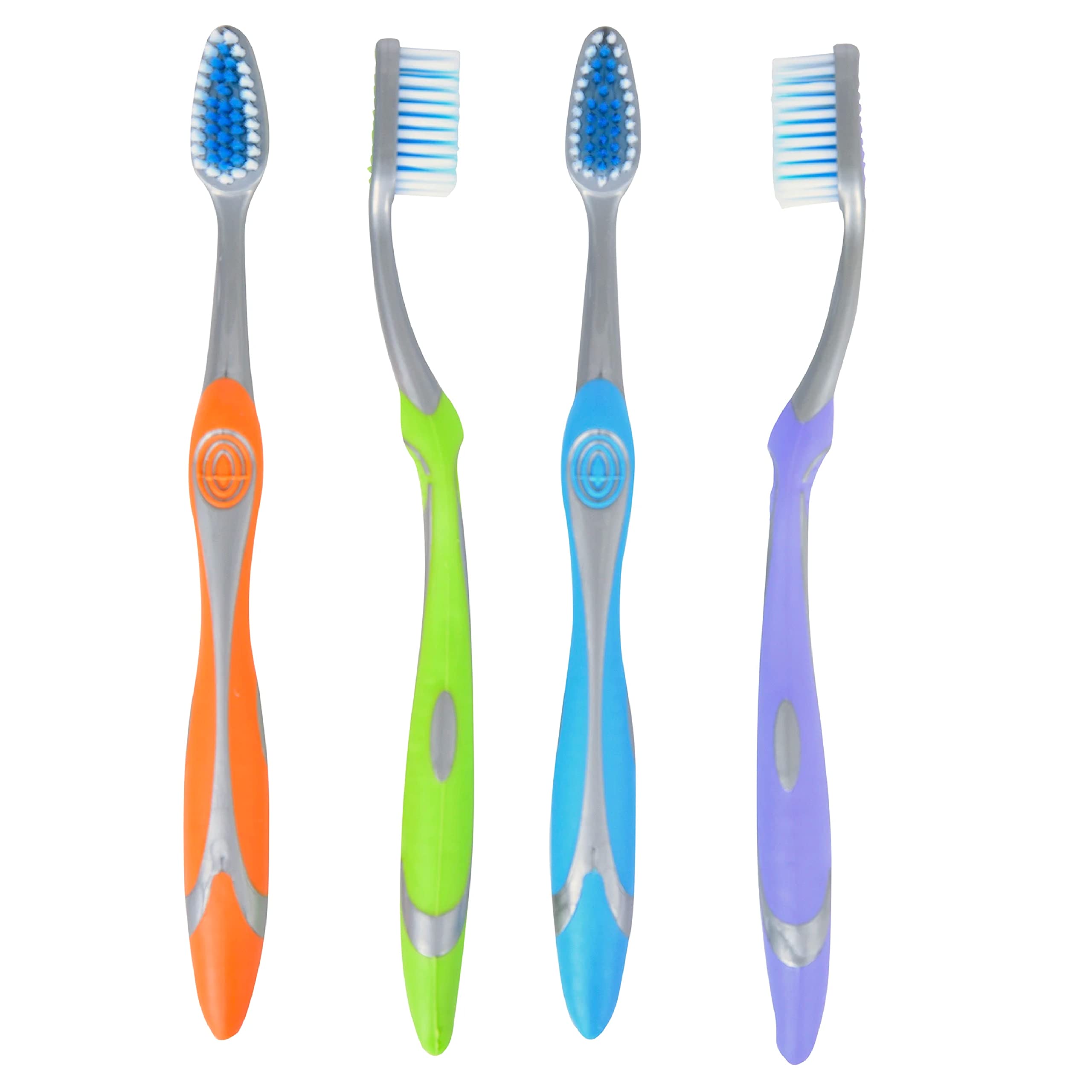 BioSwiss Pack of 4 Toothbrushes | Each Toothbrush Has A Rubber Grip for Handheld Comfort | Tongue and Cheek Cleanser | The Bristles are Soft and Reach Deep Between Teeth and Gum line | Value Pack